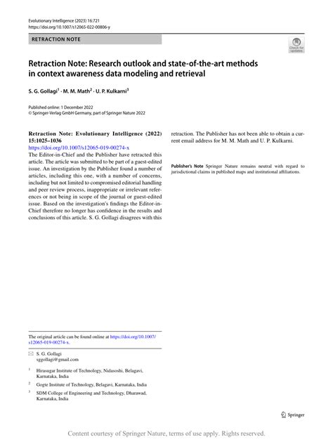 Retraction Note Research Outlook And State Of The Art Methods In Context Awareness Data
