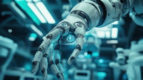 Robot Arm Reaching Out Future Technology Concept White Robot Hand In Industrial Environment