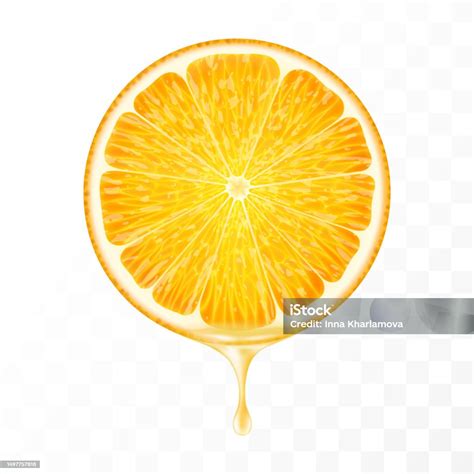 투명한 배경에 격리된 주스가 떨어지는 오렌지 슬라이스 에센셜 오일이 뚝뚝 떨어지는 신선한 오렌지 조각 육즙이 많은 과일 신선한 감귤류 디자인 사실적인 3d 벡터 비타민 C에