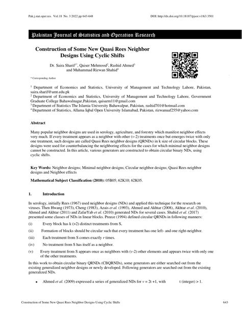 Pdf The Construction Of Some New Quasi Rees Neighbor Designs Using Cyclic Shifts