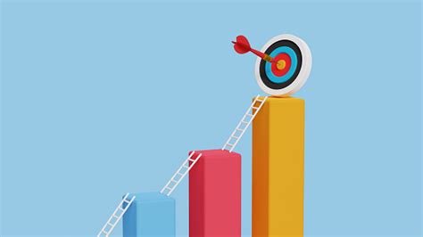 성공을 위한 작은 발걸음 한 걸음 한 걸음 성장 비즈니스 목표 진행 상황 개선 성과 목적 야망 또는 목표 설정 양궁 목표에 도달하는 사다리가 있는 3d 막대 그래프 0명에