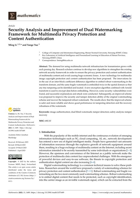 Pdf Security Analysis And Improvement Of Dual Watermarking Framework For Multimedia Privacy