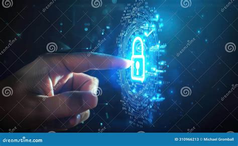 Finger Touching A Blue Glowing Security Lock Symbol Created With