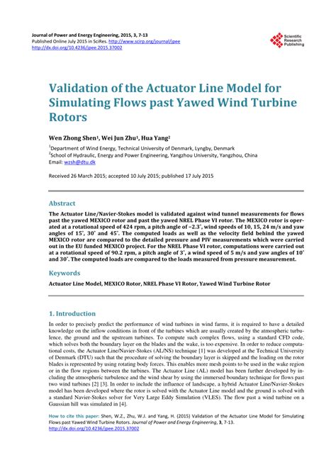 Pdf Validation Of The Actuator Line Model For Simulating Flows Past Yawed Wind Turbine Rotors