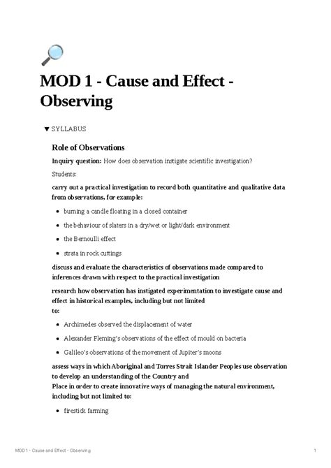 Investigating Science Module Notes MOD Cause And Effect Observing SYLLABUS Role Of