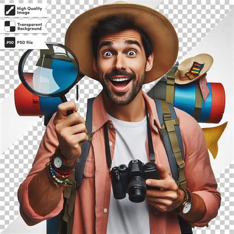Premium Psd A Man Holding A Magnifying Glass And A Camera With A