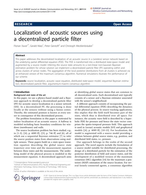 Pdf Localization Of Acoustic Sources Using A Decentralized Particle