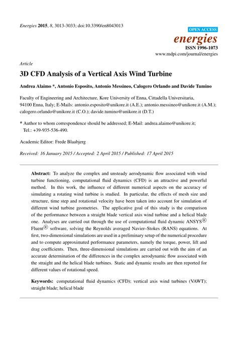 Pdf 3d Cfd Analysis Of A Vertical Axis Wind Turbine