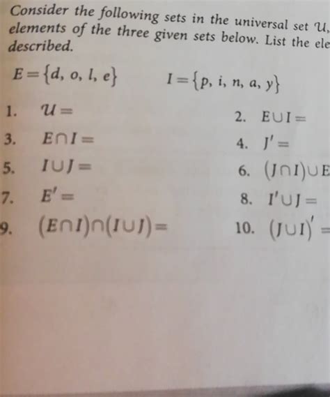 solved consider the following sets in the universal set u elements of