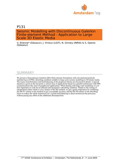 Pdf Seismic Modelling With Discontinuous G Alerkin Finite Element Method Application To