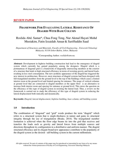Pdf Framework For Evaluating Lateral Resistance Of Diagrid With Base