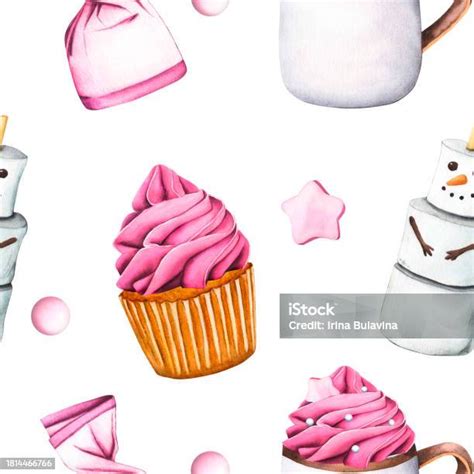 컵 케이크 핑크와 화이트 크림이 있는 원활한 패턴 휘핑 크림을 곁들인 뜨거운 음료 컵 달콤한 디저트 머핀과 마시멜로 눈사람 엽서 디자인 인쇄를 위한 수채화 그림 과일에 대한