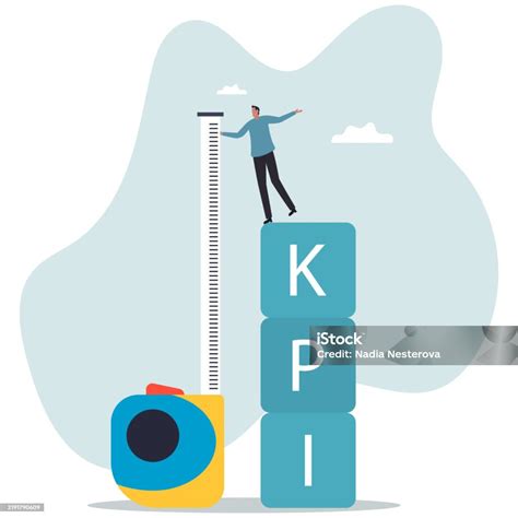 Kpi 성공을 평가하거나 목표를 달성하기 위한 핵심 성과 지표 측정 비즈니스를 검토하고 개선하기 위한 메트릭 또는 데이터비즈니스 개념플랫 캐릭터 개념에 대한 스톡 벡터 아트