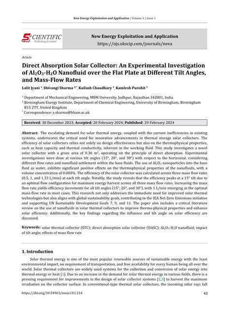 Pdf Direct Absorption Solar Collector An Experimental Investigation Of Al2o3 H2o Nanofluid