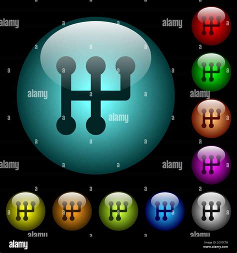 Manual Shift Icons In Color Illuminated Spherical Glass Buttons On Black Background Can Be Used