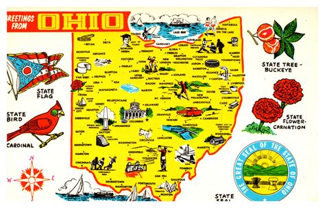 Greetings From Ohio The Buckeye State Map With State Bird Flower Flag