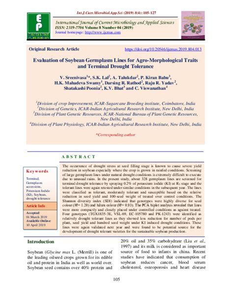 Pdf Evaluation Of Soybean Germplasm Lines For Agro Morphological Traits And Terminal Drought
