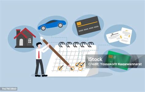 월별 지출 부채 지불 지출 추적 및 우선 순위 지정에 대한 효과적인 관리로 재무 목표 개념에 도달하고 사업가는 월별 지불에 대해 달력에 체크 표시를 표시합니다 달력에 대한