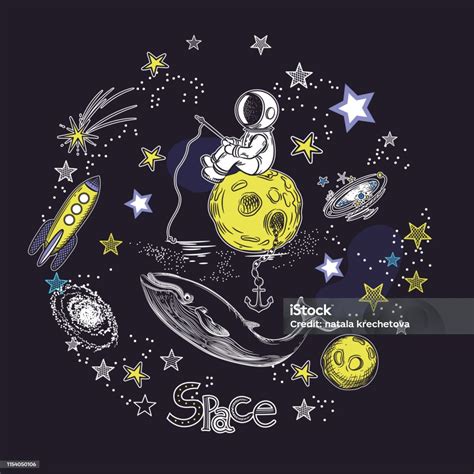 우주 요소의 이미지가 있는 정사각형 카드 템플릿입니다 우주 비행사는 지구상에 앉아 물고기를 잡는 다 은하계 고래 및 별 원형 조성 물 공간 객체 낚시에 대한 스톡 벡터 아트