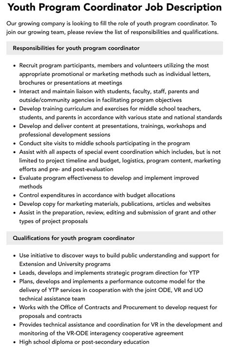 Youth Program Coordinator Job Description Velvet Jobs