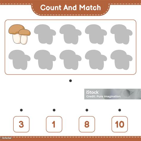 카운트 앤 매치 버섯 볼레투스의 수를 계산하고 올바른 숫자와 일치합니다 교육 어린이 게임 인쇄 워크 시트 벡터 일러스트레이션 0명에 대한 스톡 벡터 아트 및 기타 이미지