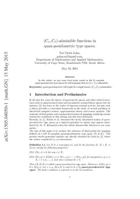 Pdf C Alphac Beta Admissible Functions In Quasi Pseudometric Type Spaces