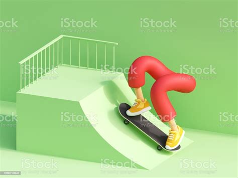3d 렌더링 화려한 만화 캐릭터 스케이트 보더 일러스트 레이션 다리와 스케이트 보드 녹색 배경에 고립 익스트림 스포츠 트릭 3차원 형태에 대한 스톡 사진 및 기타 이미지