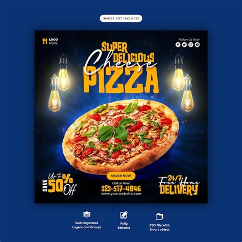 음식 메뉴와 맛있는 피자 소셜 미디어 배너 템플릿 무료 Psd 파일