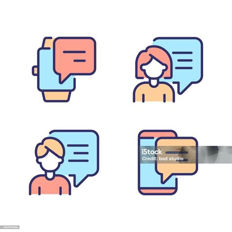 가제트 픽셀 완벽한 Rgb 색상 아이콘 세트를 통해 채팅 거품과의 통신 Brand Name Online Messaging Platform에 대한 스톡 벡터 아트 및 기타