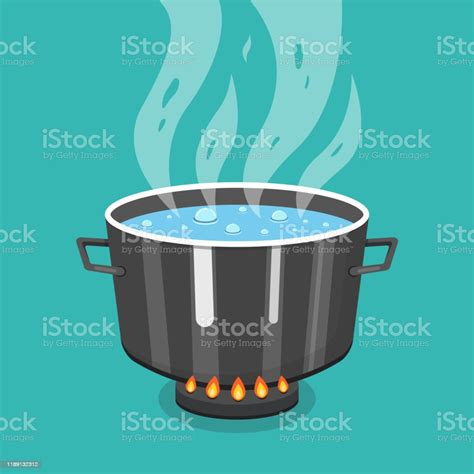 냄비에 물을 끓인다 냄비를 냄비에 물과 증기로 조리합니다 플랫 만화 스타일입니다 벡터 그림입니다 팬 주방용구에 대한 스톡 벡터 아트 및 기타 이미지 Istock