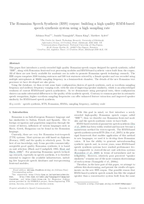 Pdf The Romanian Speech Synthesis Rss Corpus Building A High