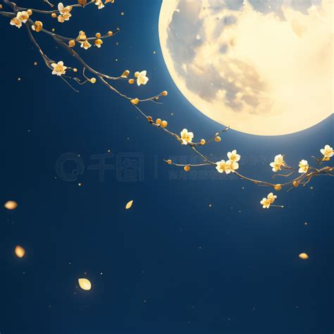 Ai数字艺术中式古风蓝金背景上的月亮和桂花背景ai平面元素免费下载png格式896像素编号70925555 千图网
