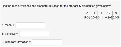 solved find the mean variance and standard deviation for