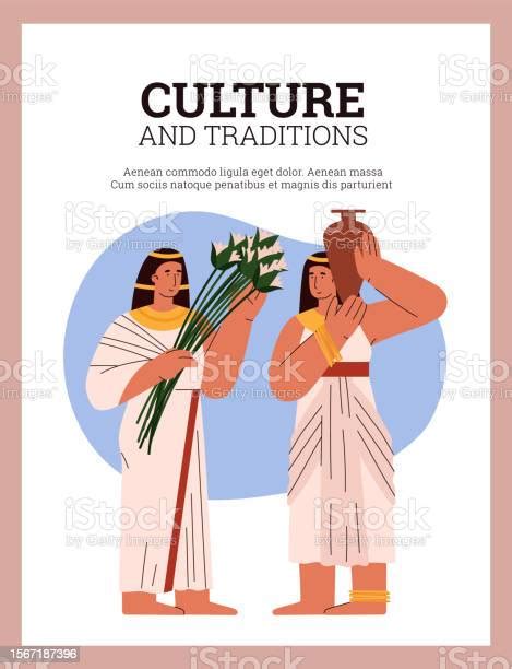 연꽃을 들고 어깨에 주전자를 들고 정통 의복과 목걸이를 착용한 예쁜 이집트 여성의 벡터 포스터 고대 문명에 대한 스톡 벡터 아트 및 기타 이미지 Istock