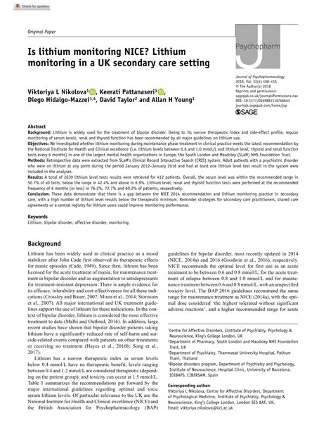 Pdf Is Lithium Monitoring Nice Lithium Monitoring In A Uk Secondary Care Setting