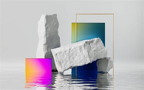 3d 렌더링 화려한 무지개 빛 패널 황금 프레임 물 위에 서있는 하얀 깨진 자갈돌 유적이있는 추상적 인 기하학적 배경 제품 프리젠 테이션을위한 현대적인 쇼케이스 장면 공란에