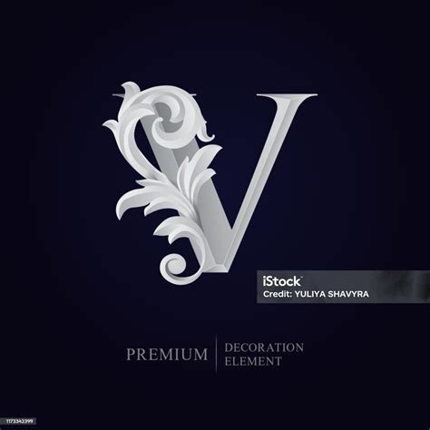 꽃 바로크 양식의 장식이 있는 우아한 문자 V 골동품 대문자는 검은 배경에 고립 된 흰색 장식으로 둘러싸여 있습니다 모노그램
