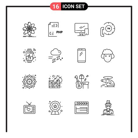 Universal Icon Symbols Group Of 16 Modern Outlines Of Communication Call Document Mobile Device