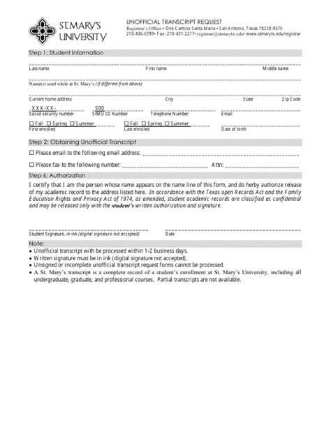 San Antonio Texas Unofficial Transcript Request Form Stmarys