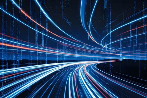 Digital Landscape With Vibrant Light Trails Binary Code Deep Blue