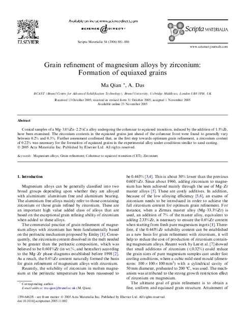 Pdf Grain Refinement Of Magnesium Alloys By Zirconium Formation Of