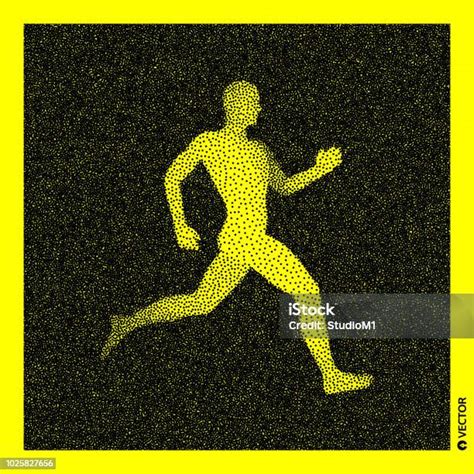 남자를 실행합니다 3d 인체 모델입니다 검정색과 노란색 거친 디자인입니다 점묘 벡터 일러스트입니다 달리기에 대한 스톡 벡터 아트