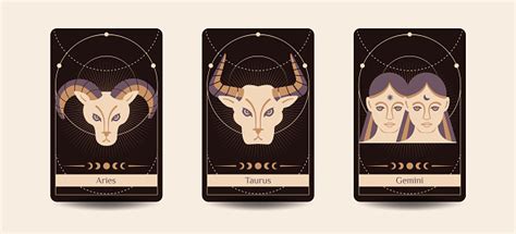양자리 황소자리 및 쌍둥이자리 조디악 기호는 짙은 갈색 배경에 손으로 그리는 스타일로 초자연적 현상 타로 리더 및 점성가에게