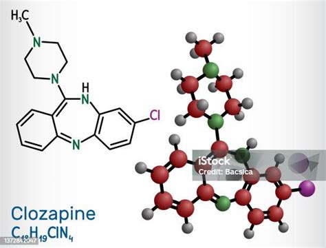 클로자핀 분자 그것은 디벤조디아제핀 비정형 항 정신병 신경 Leptic입니다 치료 내성 정신 분열증에 사용됩니다 구조적 화학 적 포뮬러 및 분자 모델 건강관리와 의술에 대한