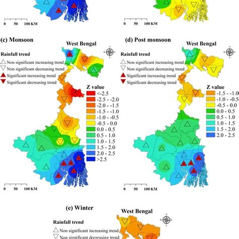 Non Parametric Trend Of Annual A And Seasonal Be Rainfall Across Download Scientific