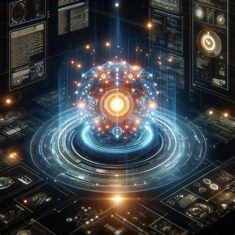 Futuristic Ai Interface With A Glowing Orb Surrounded By Data Screens Stock Illustration
