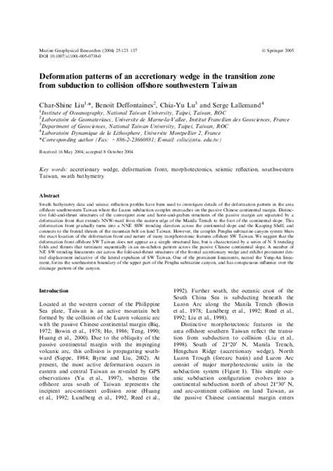 Pdf Deformation Patterns Of An Accretionary Wedge In The Transition Zone From Subduction To