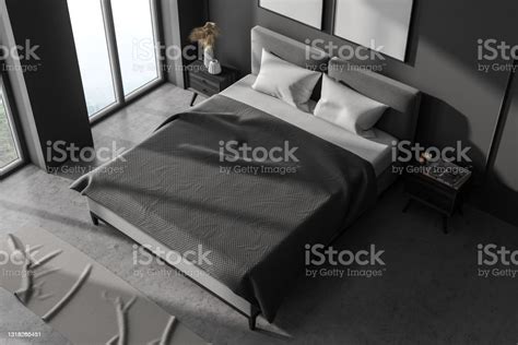 침대와 린넨 탑 뷰 모형 포스터가있는 회색 침실 인테리어 0명에 대한 스톡 사진 및 기타 이미지 0명 3차원 형태 가구 Istock
