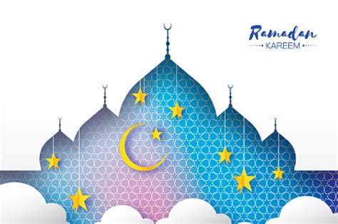 블루 라마단 카림 인사말 카드입니다 아랍어 윈도우 모스크 구름 골드 스타 종이 컷 스타일 당초 무늬 초승달 0명에 대한 스톡 벡터 아트 및 기타 이미지 Istock