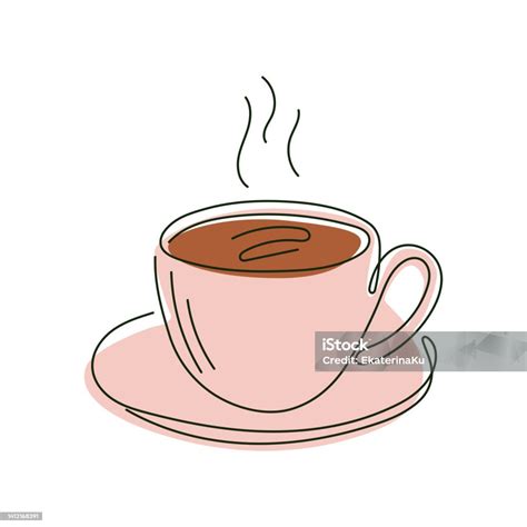 뜨거운 차 또는 커피 한 잔 벡터 고립 된 라인 아트 일러스트레이션 커피잔에 대한 스톡 벡터 아트 및 기타 이미지 커피잔